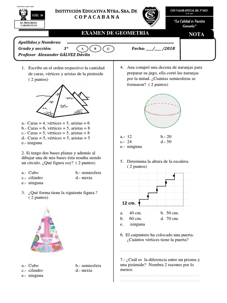 Examen Bimestral I Tercer Grado 2018 - GEOMETRÍA.docx | Matemáticas ...