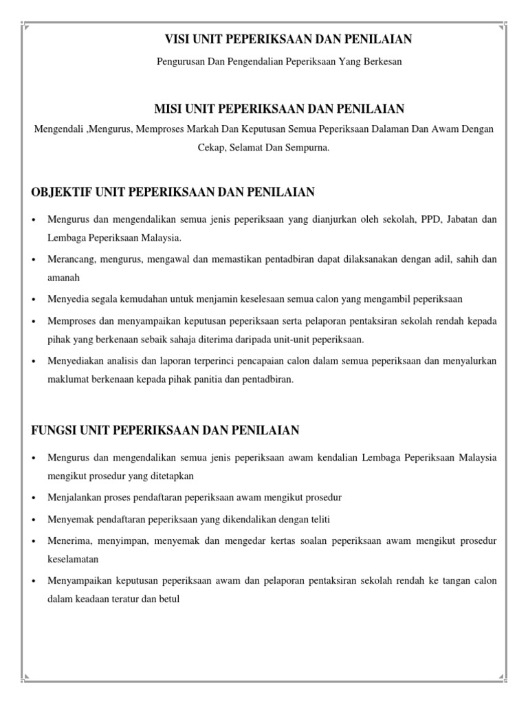 Visi, Misi & Objektif Unit Peperiksaan Dan Penilaian | PDF