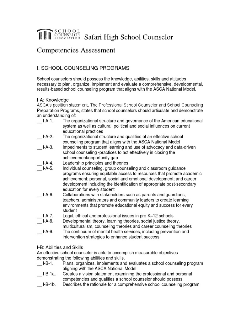 Safari High School Counselor Competencies Assessment: I. School Counseling Programs | PDF ...