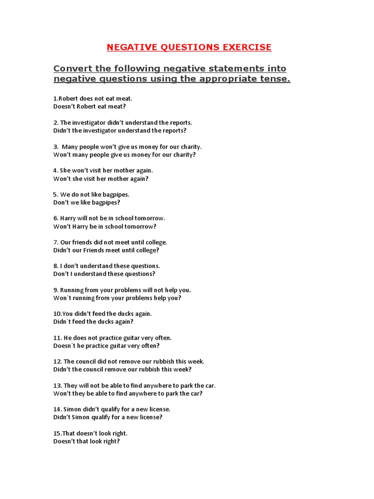 Negative Questions Exercise | PDF