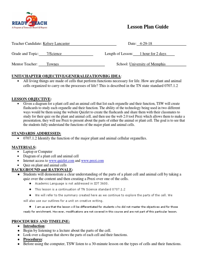 7th Grade Plant and Animal Cells Lesson | PDF | Lesson Plan | Cell ...