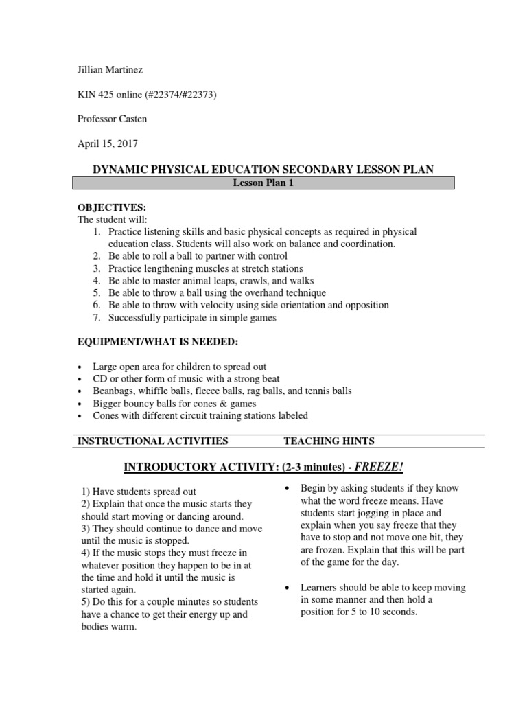 Kin 425 - Lesson Plan | PDF | Physical Education | Pitcher