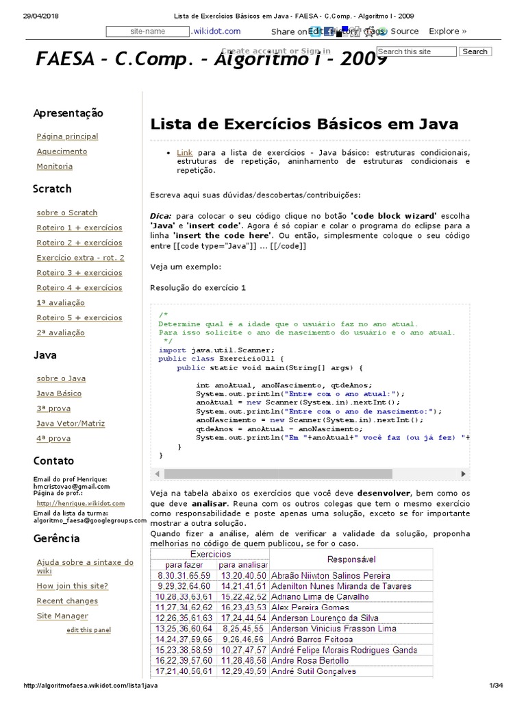Lista de Exercícios Básicos em Java - FAESA - C.comp. - Algoritmo I ...