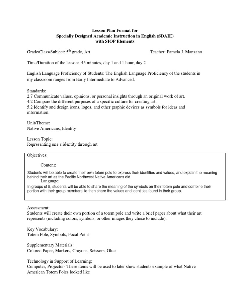 Lesson Plan Format For Specially Designed Academic Instruction in ...