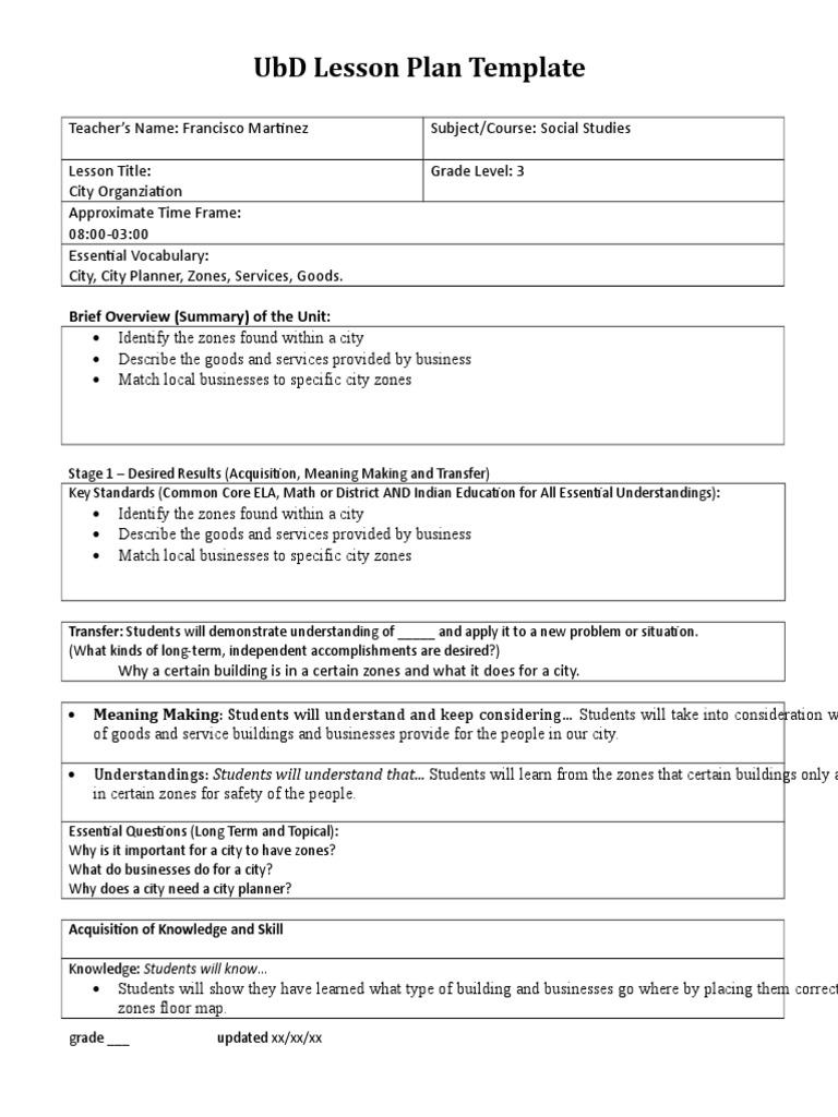 Ubd Lesson Plan Template: Brief Overview (Summary) of The Unit | PDF ...