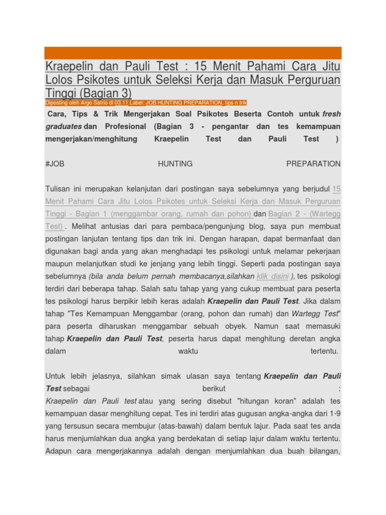 Kraepelin Dan Pauli Test | PDF