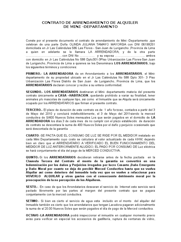 Contrato de Arrendamiento Mini-Depa | PDF | Pagos | Arbitraje