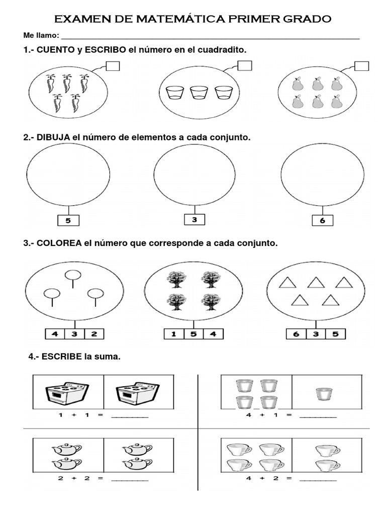 Examen de Matemática Primer Grado | PDF