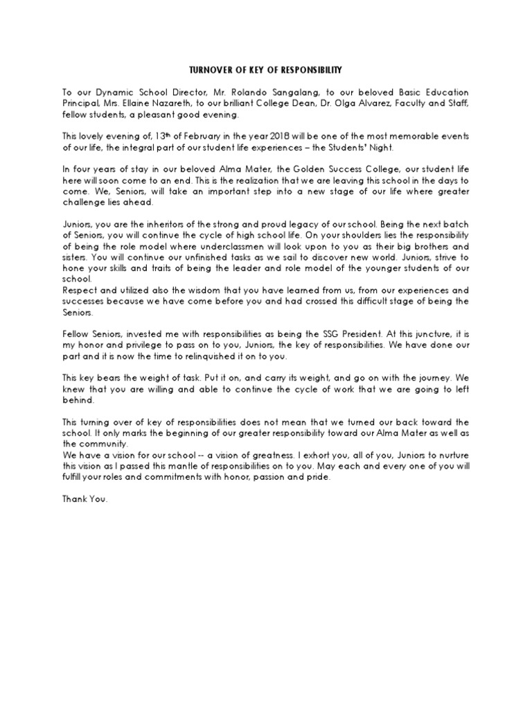 Turnover of Key of Responsibility