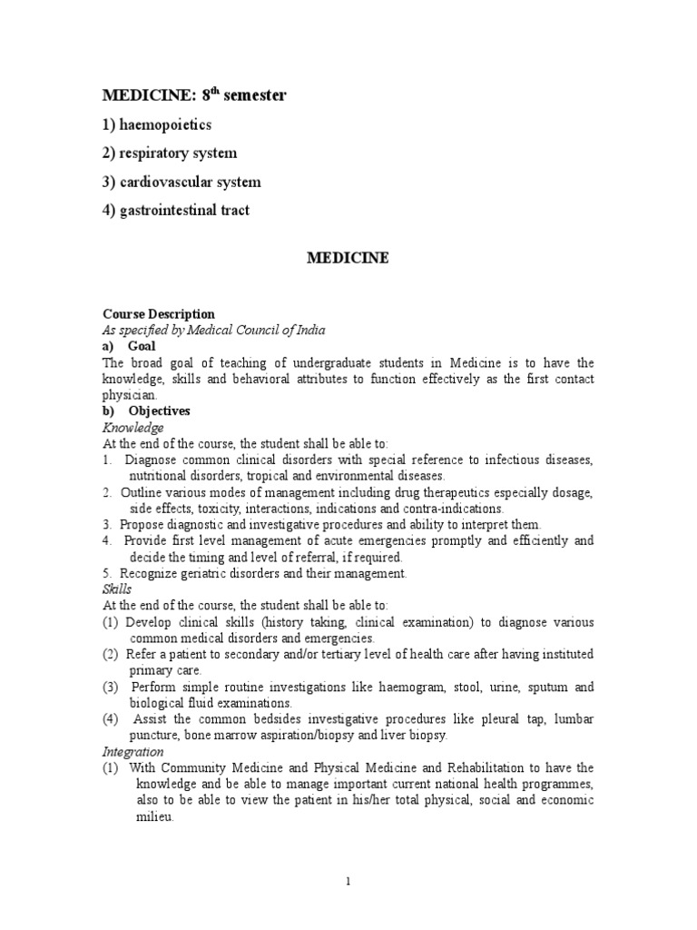 Medicine: 8 Semester: 1) Haemopoietics 2) Respiratory System 3 ...