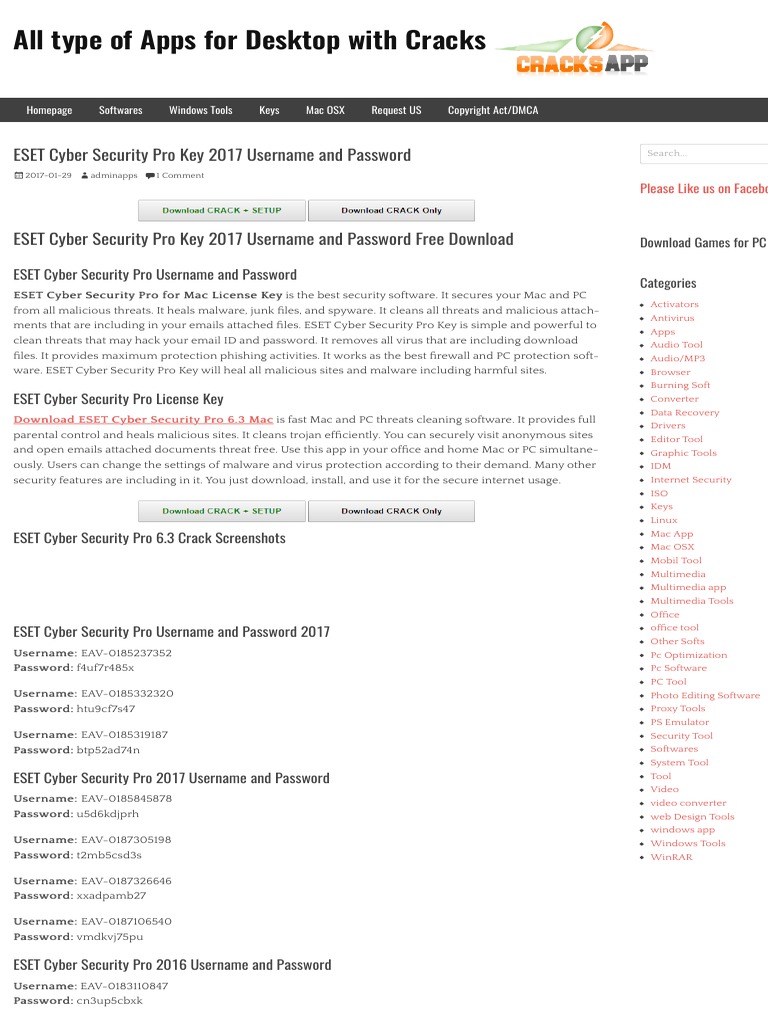 ESET Cyber Security Pro Key 2017 Username and Password PDF | Download Free PDF | Malware ...