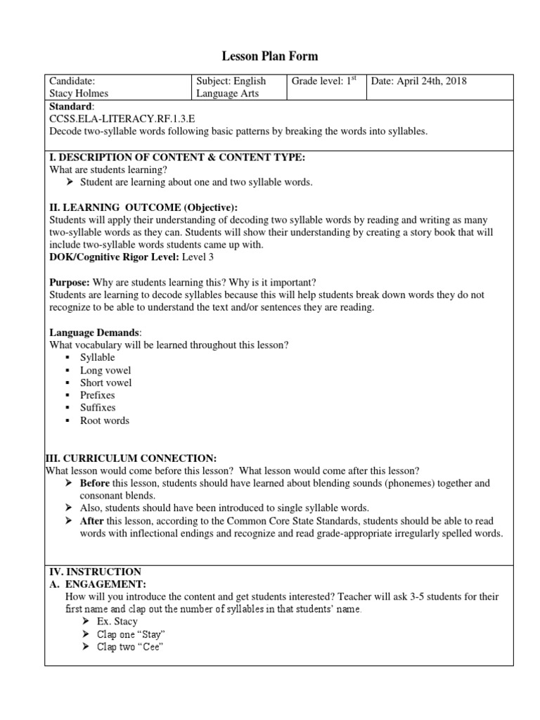 Lbs 400 Lesson Plan Decoding Syllable | PDF | Teachers | Books