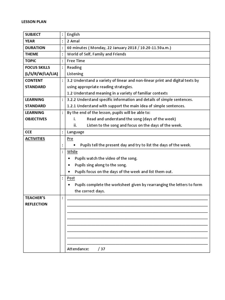 Lesson Plan Subject Year Duration Theme Topic Focus Skills (L/S/R/W/La ...