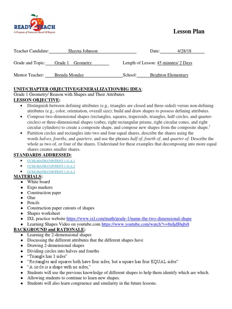 Edtpa Lesson Plan 4 26 18 | PDF | Shape | Rectangle