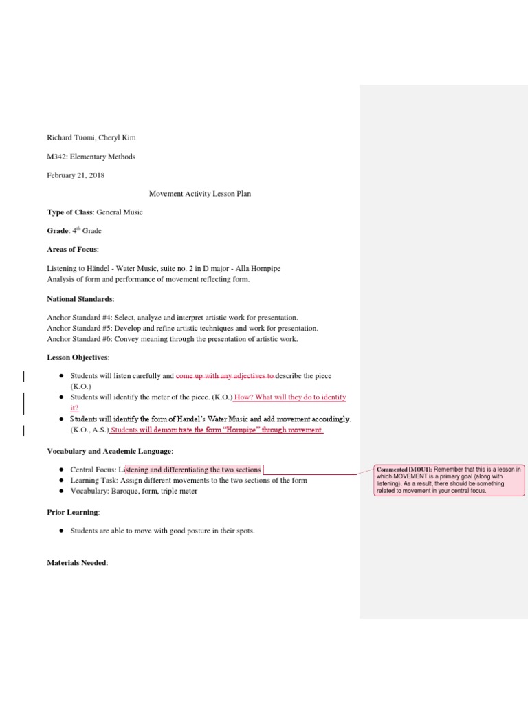 Lesson Plan - Movement Activity Cheryl and Richard 1 | PDF | George ...