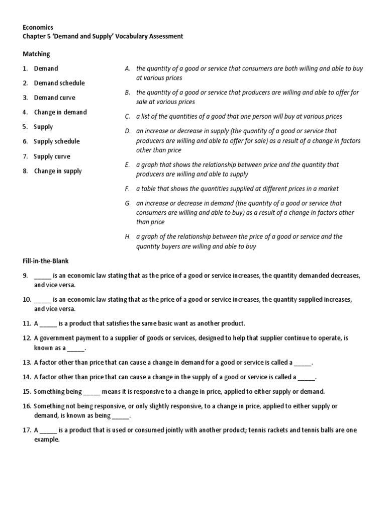 Economics Chapter 5 Demand and Supply' Vocabulary Assessment Matching ...