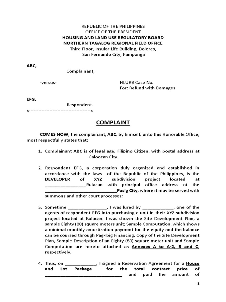 Sample Complaint For Refund Hlurb | PDF | Loans | Damages