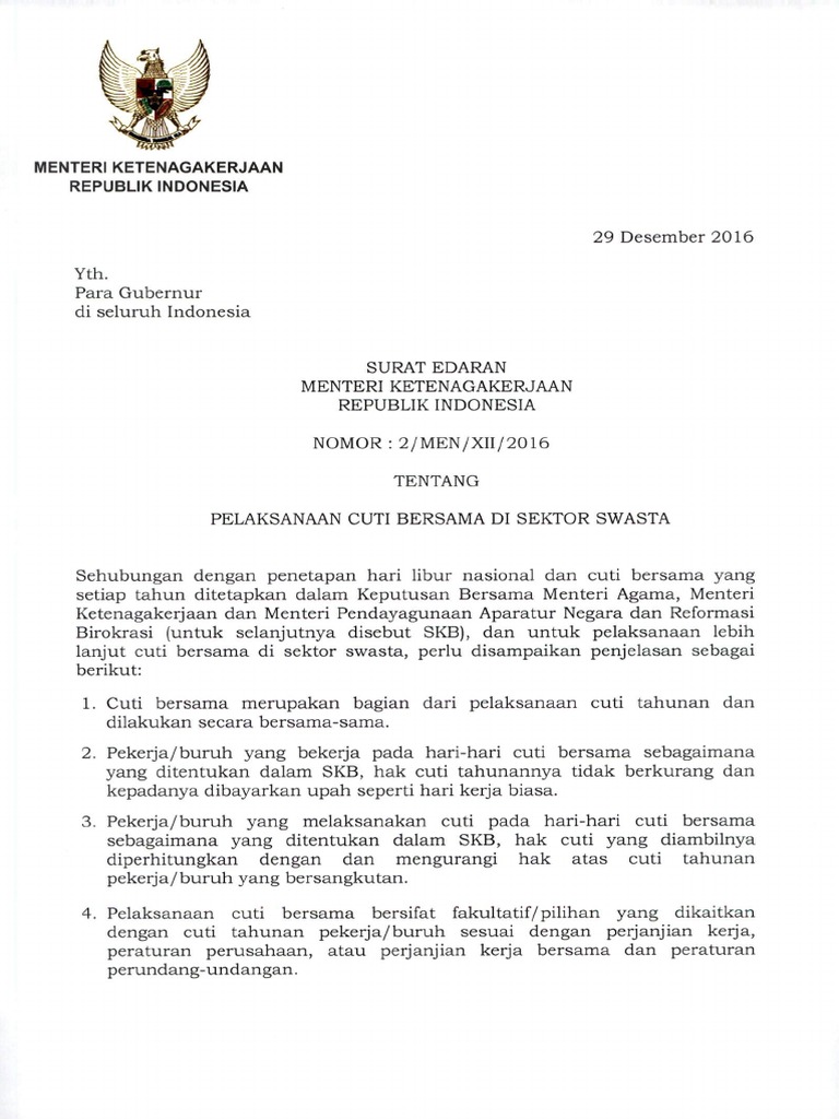 Surat Edaran Menteri Ketenagakerjaan Republik Indonesia Nomor 2 - Men - Xii - 2016 Tentang ...