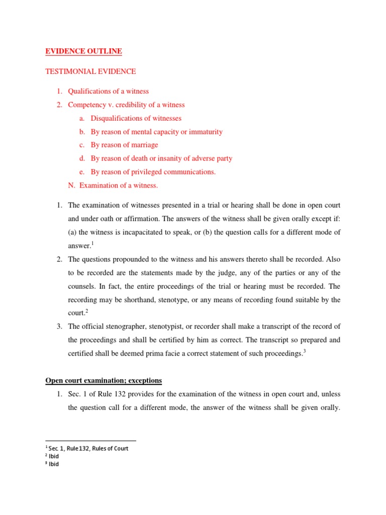 Evidence Outline: Open Court Examination Exceptions | PDF | Witness ...