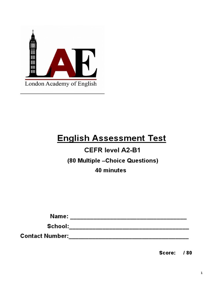 A2-B1 English Assessment Test | PDF