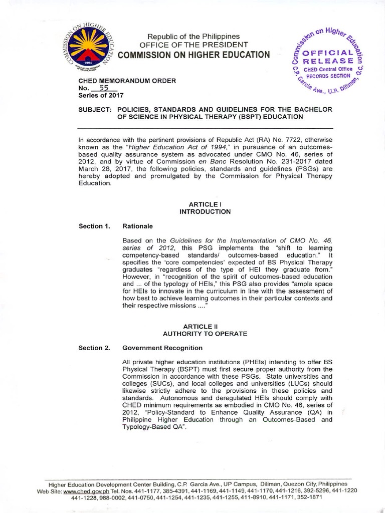 CMO 55 S 2017 - BS Physical Therapy | PDF