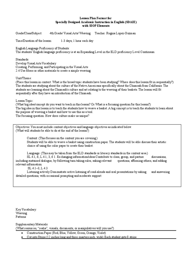 Lesson Plan Format For Specially Designed Academic Instruction in ...
