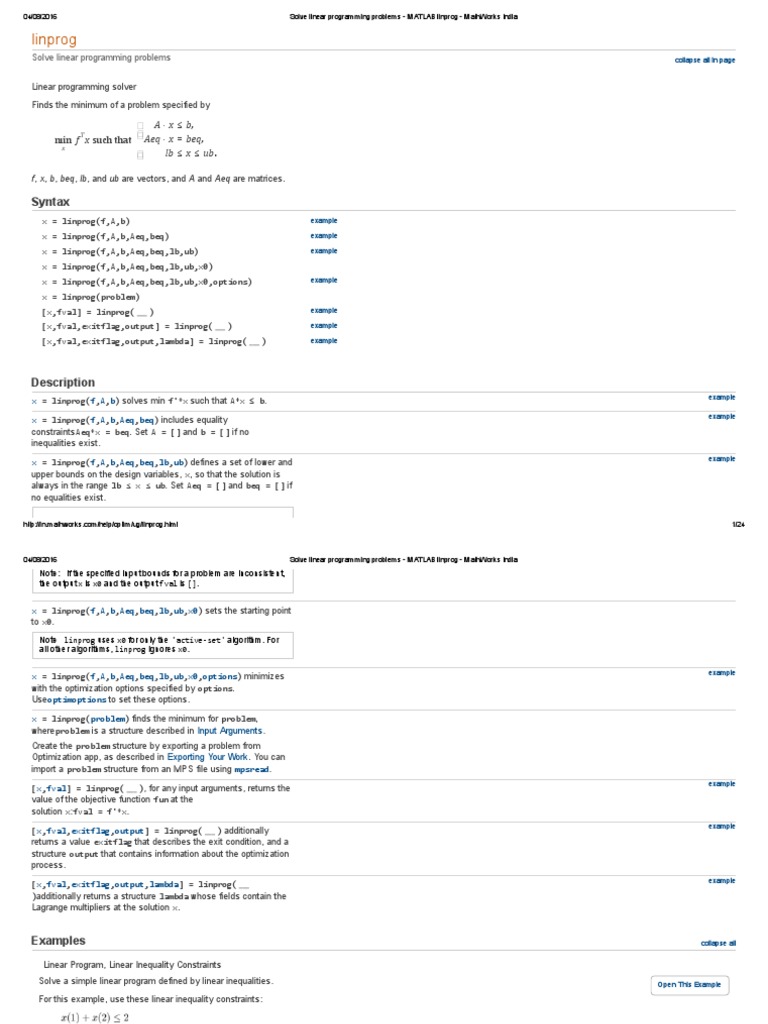 Solve Linear Programming Problems Matlab Linprog Mathworks India Pdf Linear Programming