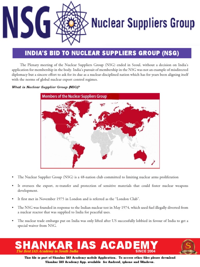 Shankar Ias Academy: India'S Bid To Nuclear Suppliers Group (NSG) | PDF | Nuclear Proliferation ...
