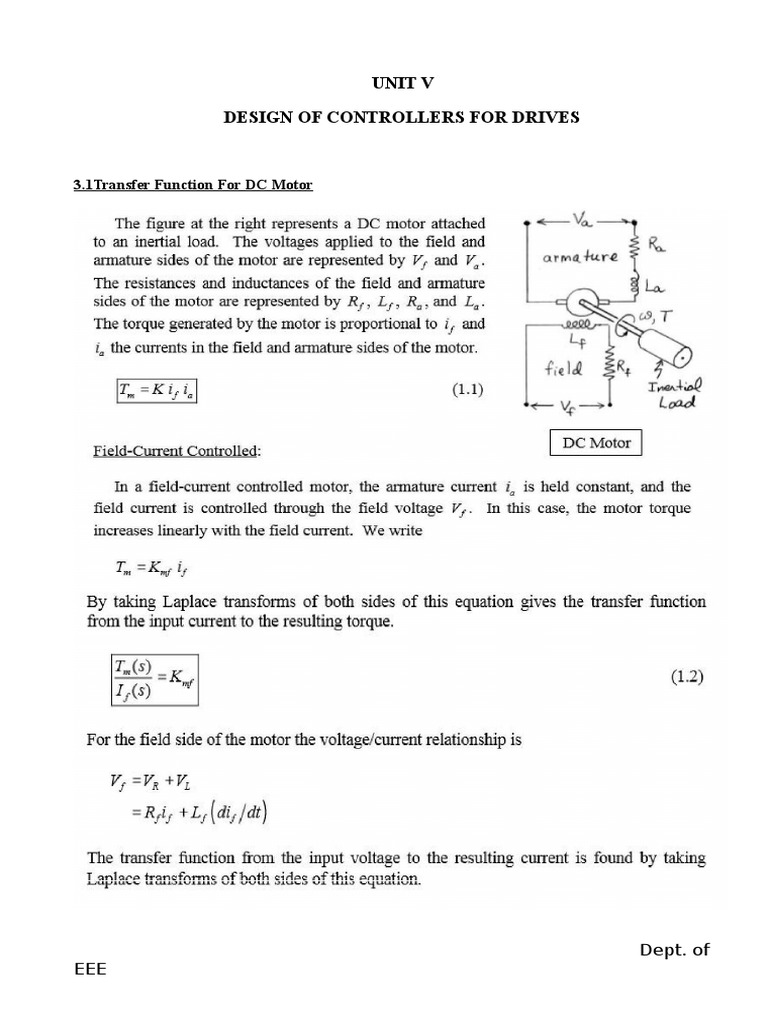 Unit V Design of Controllers For Drives: 3.1transfer Function For DC ...