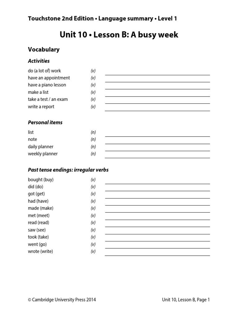 Unit 10 - Lesson B: A Busy Week: Touchstone 2nd Edition - Language Summary - Level 1 | PDF