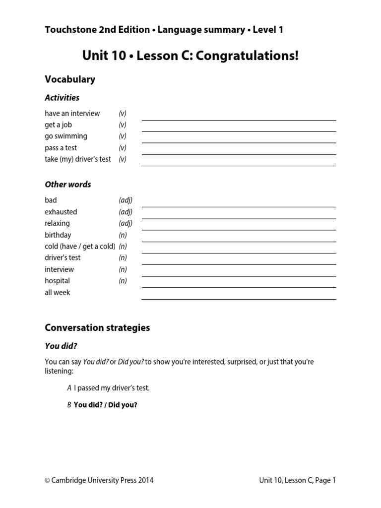Unit 10 - Lesson C: Congratulations!: Touchstone 2nd Edition - Language Summary - Level 1 | PDF