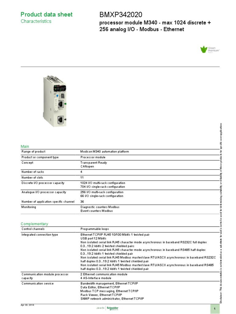 Modicon M340 Processor Module Data Sheet | PDF | Ethernet ...