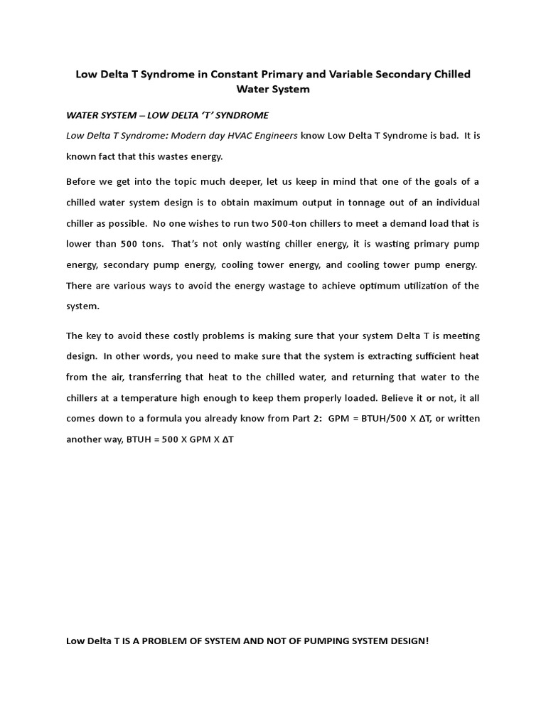 Low Delta T Syndrome in Constant Primary and Variable Secondary Chilled ...