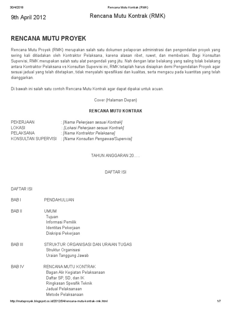 Rencana Mutu Kontrak untuk Proyek Pekerjaan | PDF