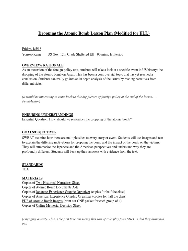 Analyzing Perspectives on the Atomic Bomb | PDF | Narrative | Lesson Plan