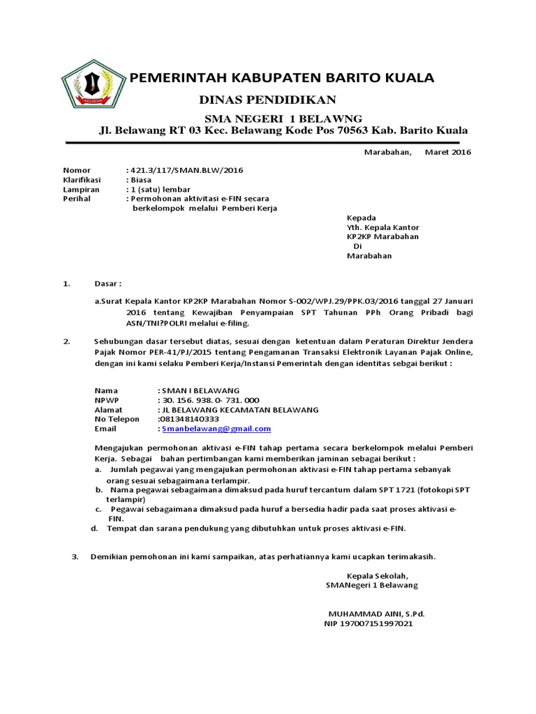 Contoh Surat Permohonan Efin | PDF