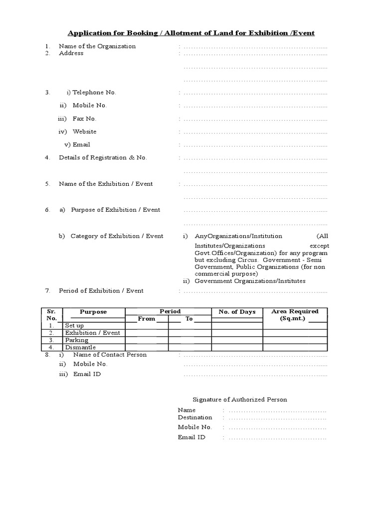 Application For Booking / Allotment of Land For Exhibition /event | PDF