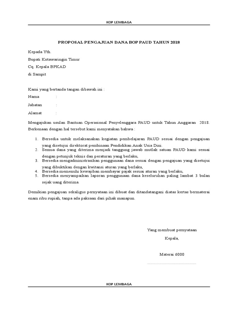 Contoh Proposal BOP PAUD 2018 | PDF
