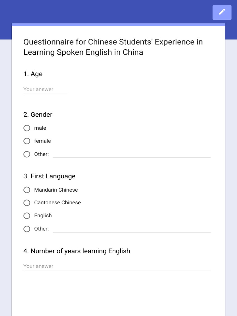 Questionnaire For Chinese Students Experience in Learning Spoken ...