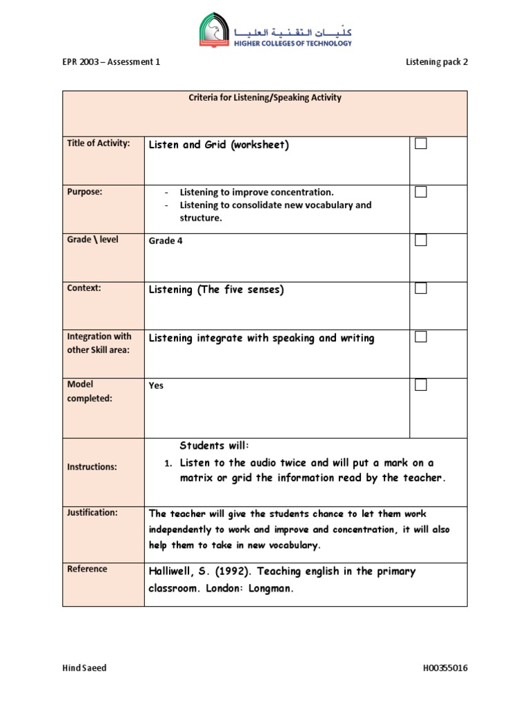 Five Senses Listening Checklist | PDF
