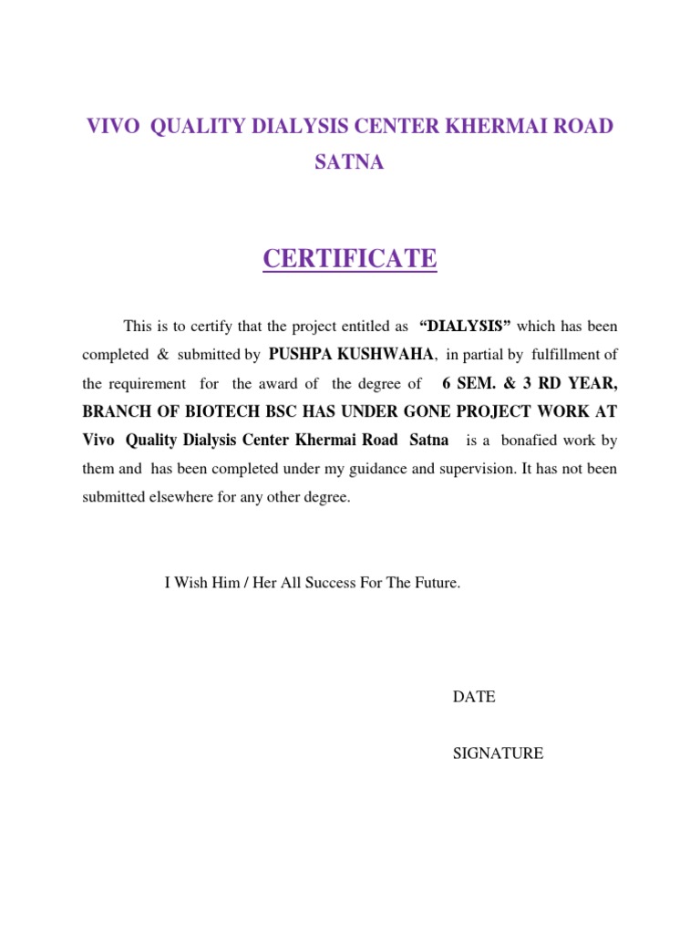 Vivo Quality Dialysis Certificate | PDF