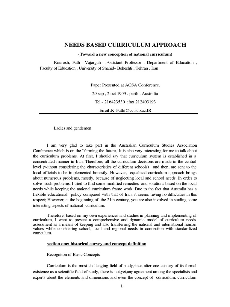NEEDS BASED CURRICULUM APPROACH | PDF | Needs Assessment | Curriculum