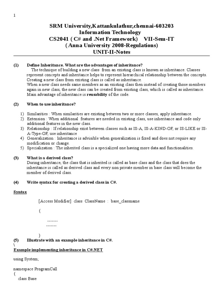 Cs2041 Csharp Unit Ii Notes Pdf Inheritance Object Oriented Programming Class Computer
