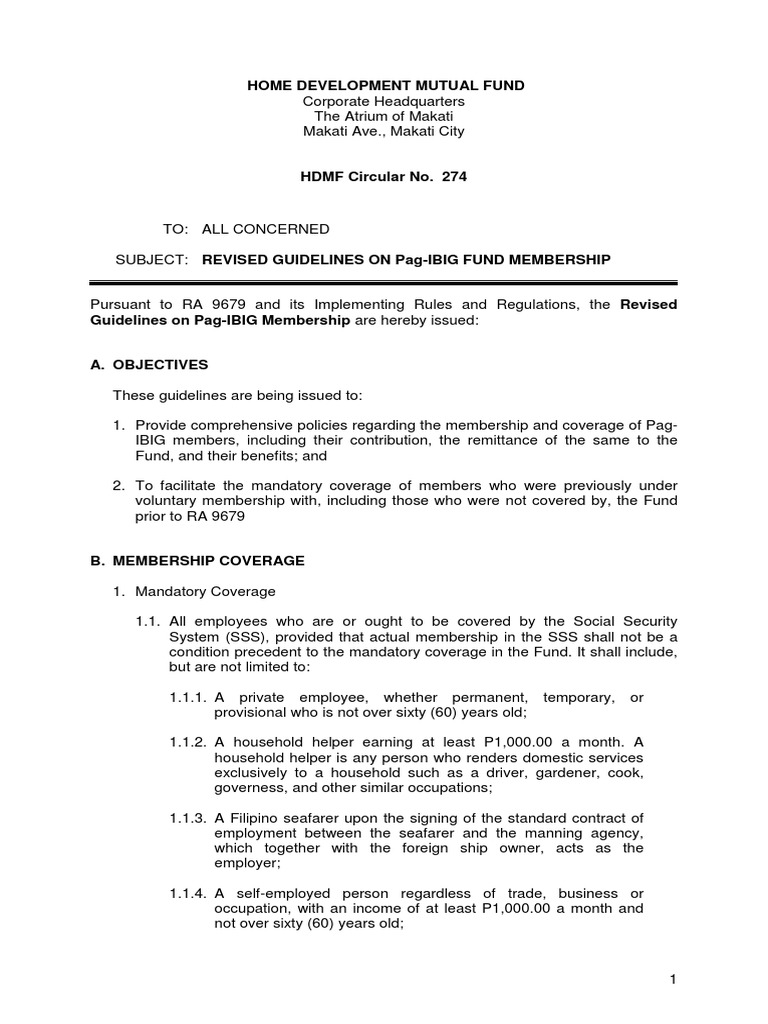 HDMF Circular No. 274 - Revised Guidelines On Pag-IBIG Fund Membership ...