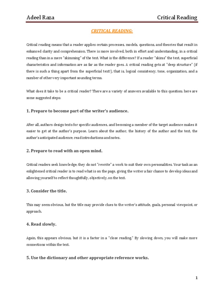 Critical Reading | PDF | Reading (Process) | Critical Thinking