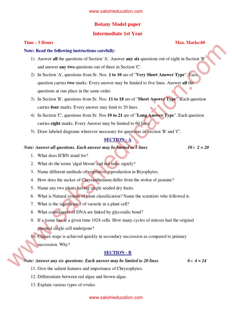 Botany Model Paper Intermediate 1st Year: Time: 3 Hours Max. Marks:60 ...