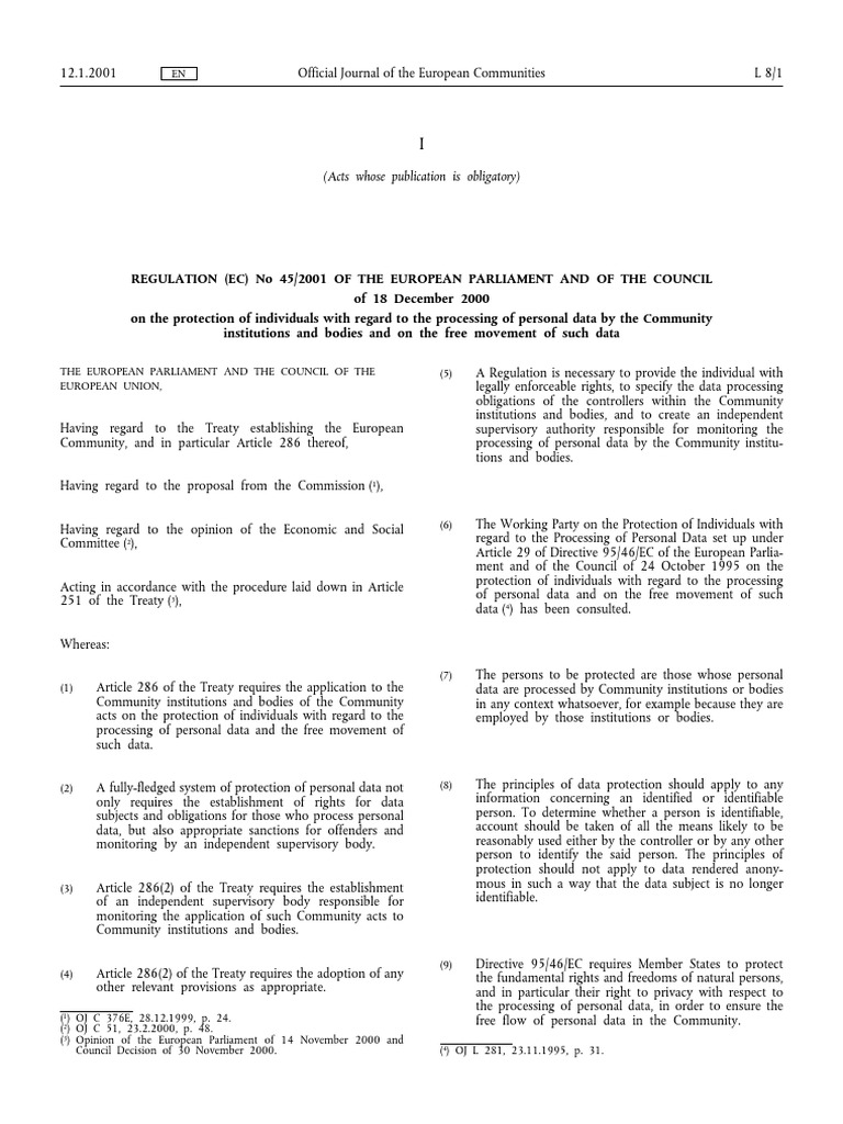 Regulation 45/2001 on Data Protection | PDF