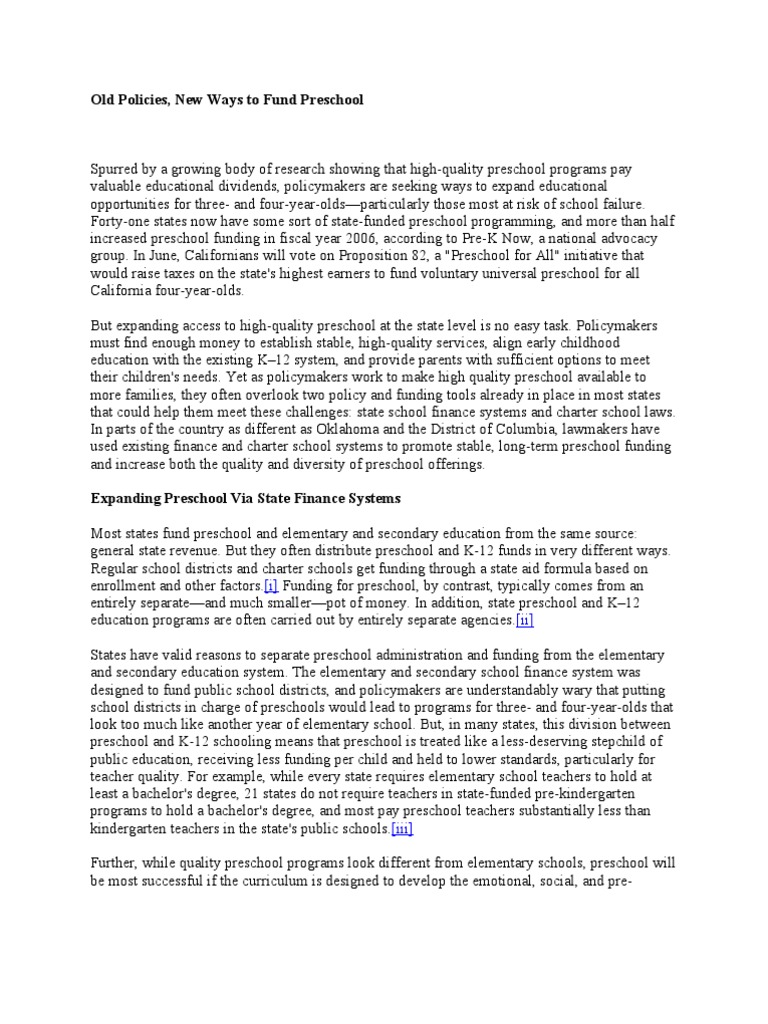 Old Policies, New Ways To Fund Preschool | PDF | Preschool | Schools