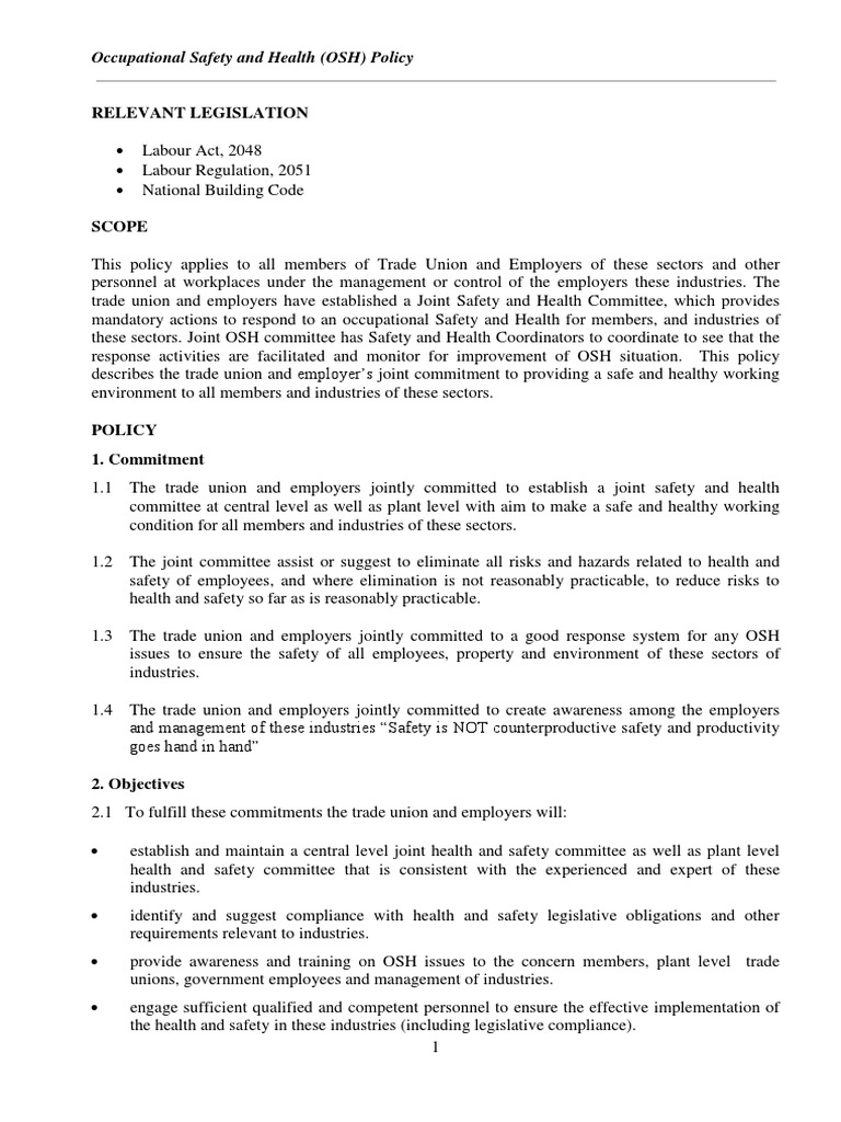 Relevant Legislation: Occupational Safety and Health (OSH) Policy | PDF ...
