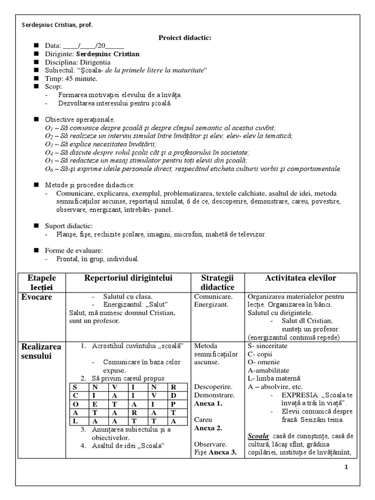 Proiect Didactic Scoala | PDF